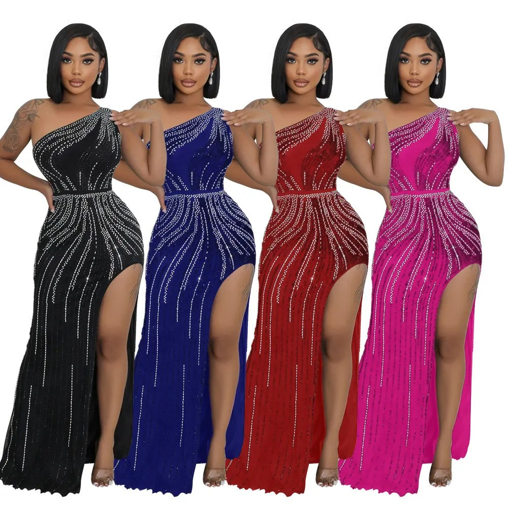 Slanted shoulder high slit evening dress – DST Fulfillment